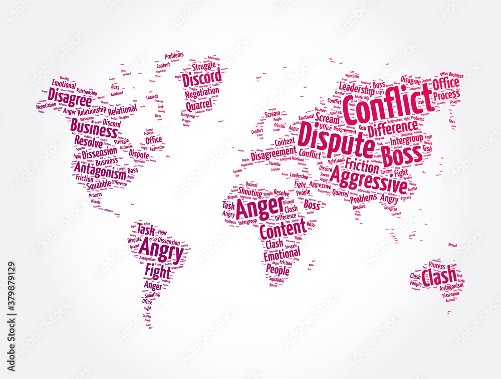 Conflict word cloud in shape of world map, concept background Stock ...