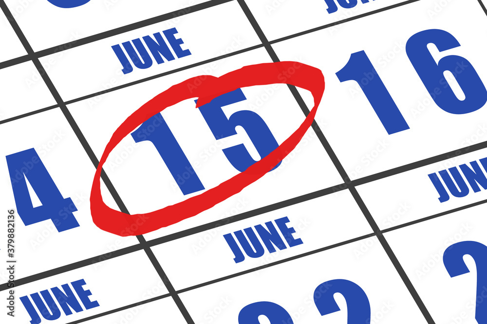 june 15th. Day 15 of month, Date marked with red circle to indicate ...