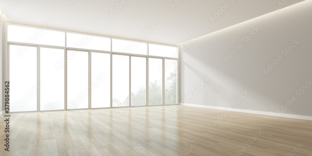 3d rendering of modern empty room with wooden floor and large window on ...