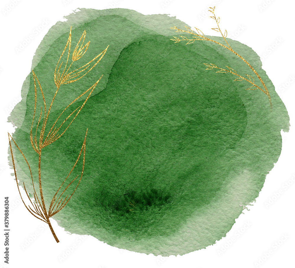 Watercolor deep green background with golden elements. Beautiful ...