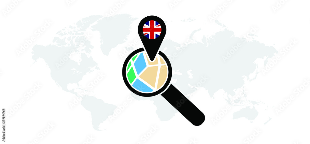 England flag in magnifying glass Folded with location. Route search ...