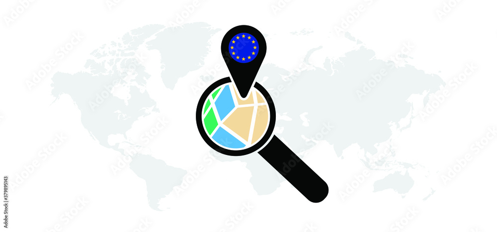 Europe EU flag in magnifying glass Folded with location. Route search ...