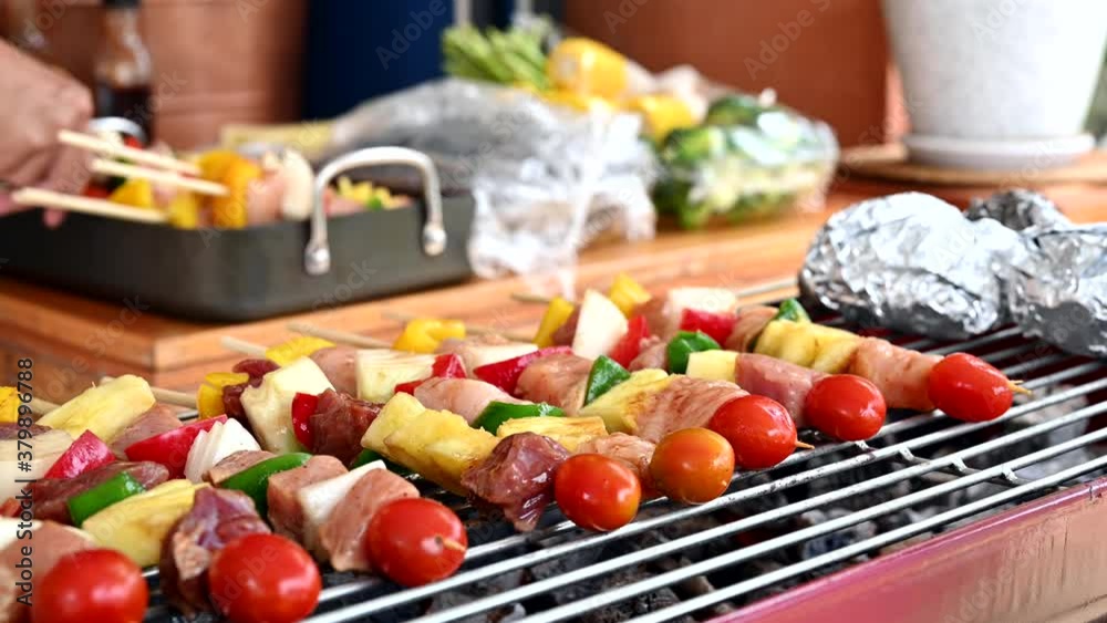 Grill and Barbecue party at home. Cooking BBQ pork, beef, chicken ...