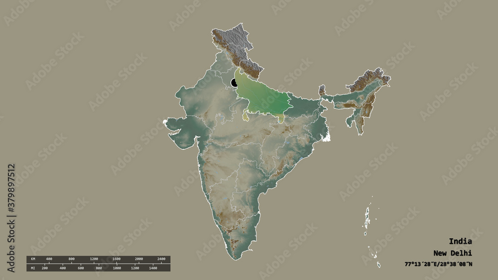 Location of Uttar Pradesh, state of India,. Relief Stock Illustration ...