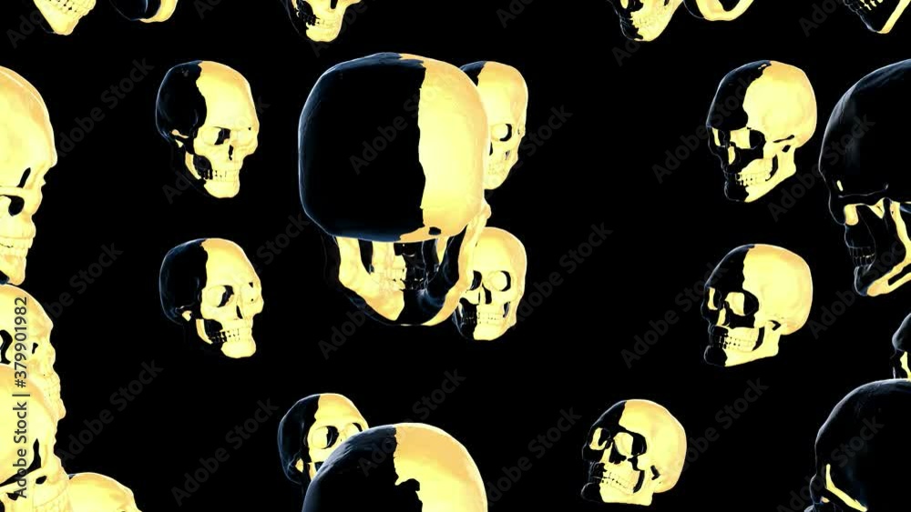 Multiple human skulls facing each other in golden and black colour 3D ...