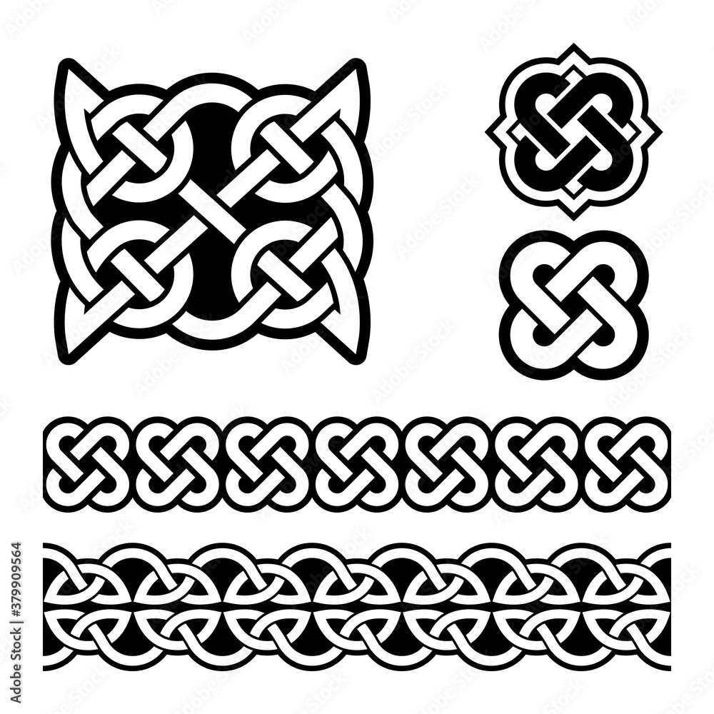 Irish Celtic braids and knots vector pattern set, traditional design ...