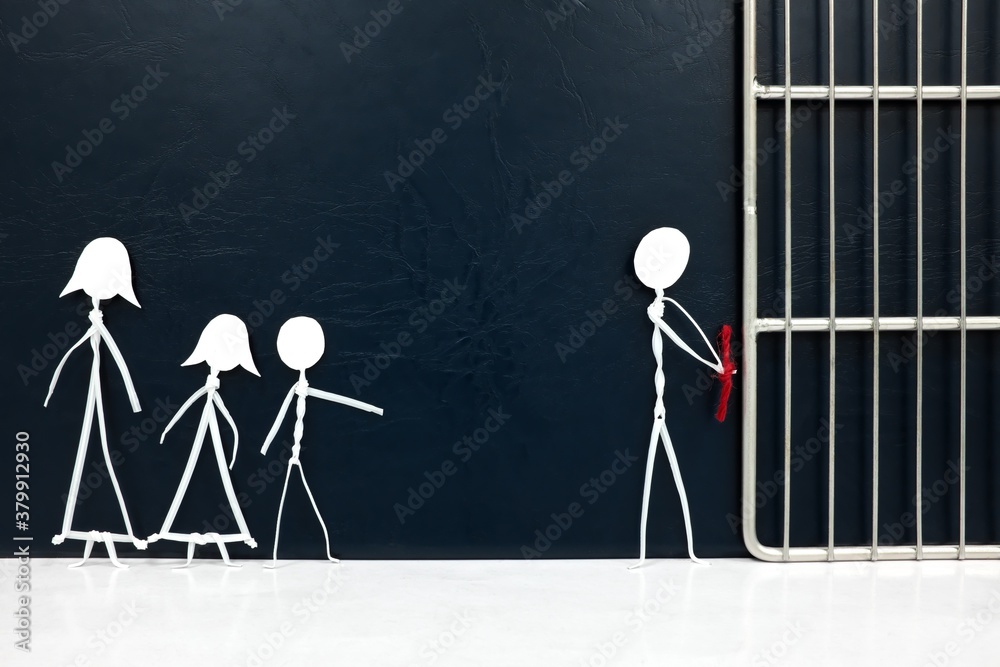 Stick figure father handcuffed tied with red rope going to a jail ...