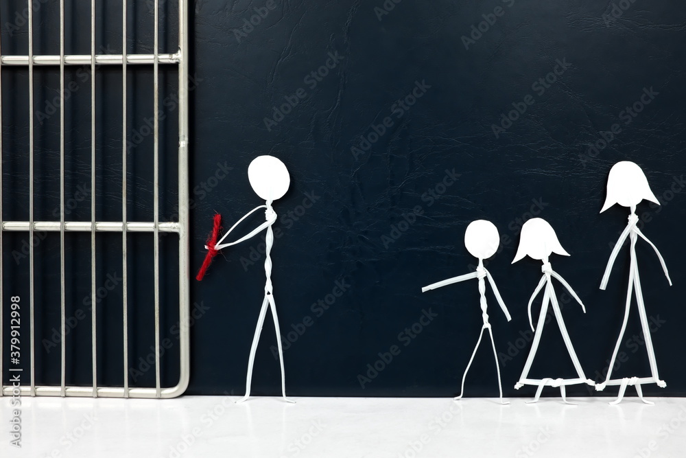 Stick figure father handcuffed tied with red rope going to a jail ...