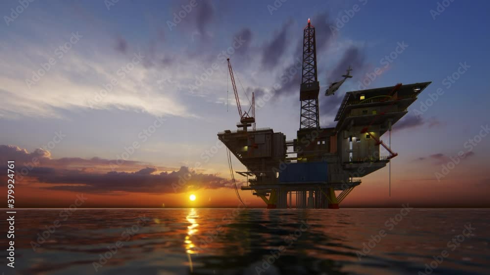 Helicopter flying from oil rig platform towards magical sunset, 4K ...