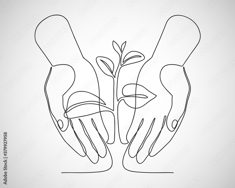 Continuous line vector illustration of Two hands holding young plant ...