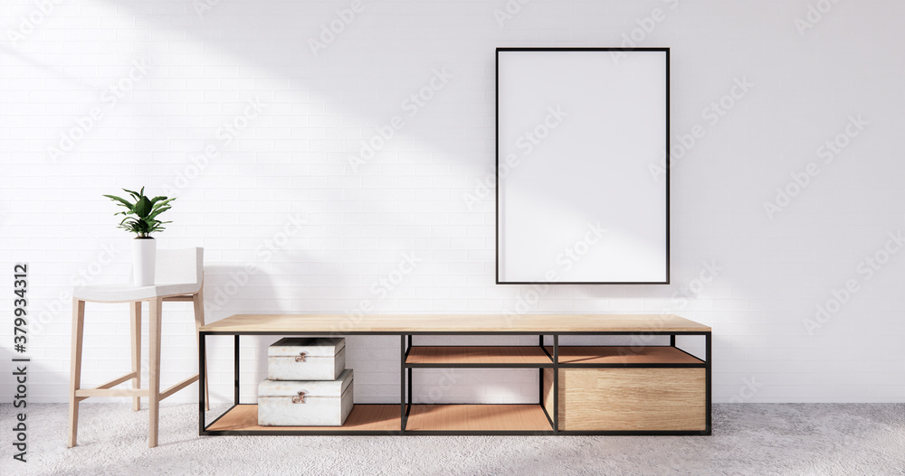 Tv cabinet in loft interior white brick wall room minimal designs, 3d ...