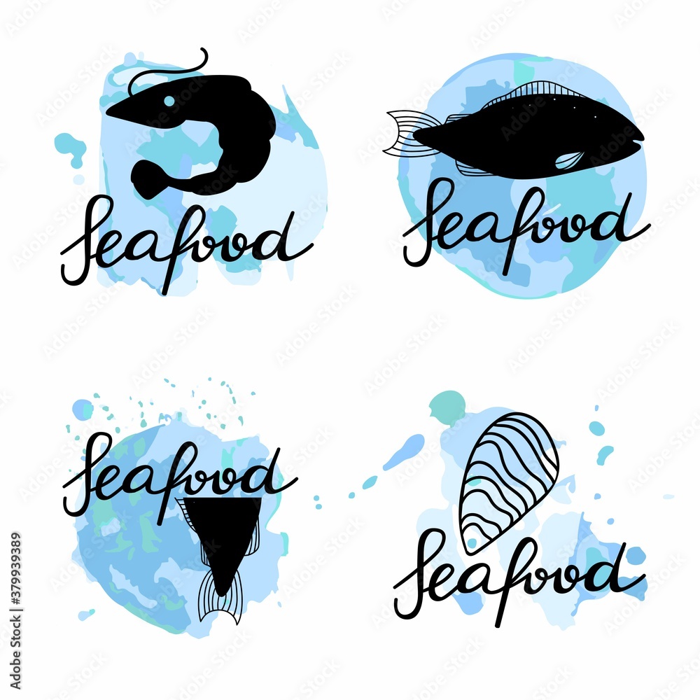 Grafika wektorowa Stock: Seafood lettering set. Hand drawn label for ...