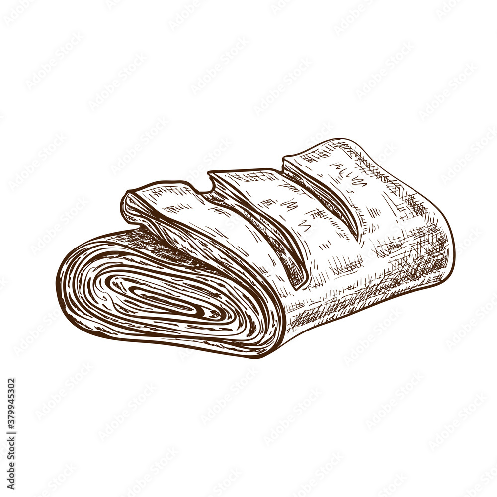 one fresh puff bun or pastry turnovers sketch isolated on white. puff ...