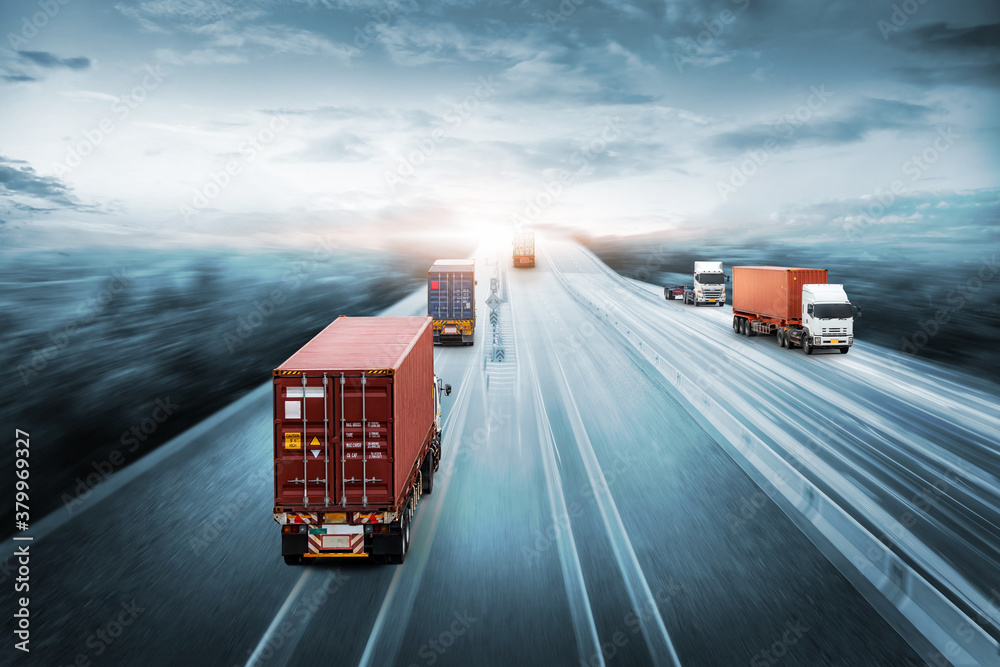 Truck transport with red container on highway road at sunset, motion ...