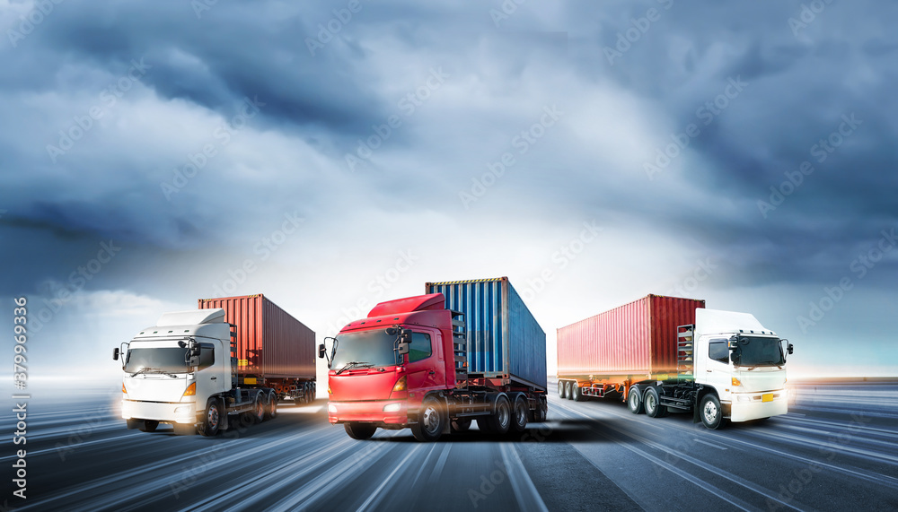 Truck transport with red container on highway road at sunset, motion ...