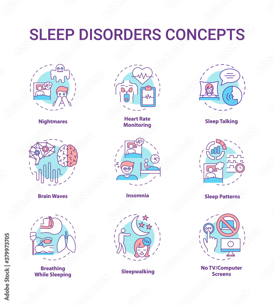 Sleep disorder concept icons set. Nightmares and night terrors. Heart ...