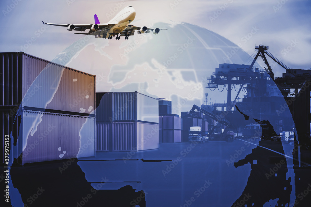 Double exposure world map on Logistics and transportation Container ...