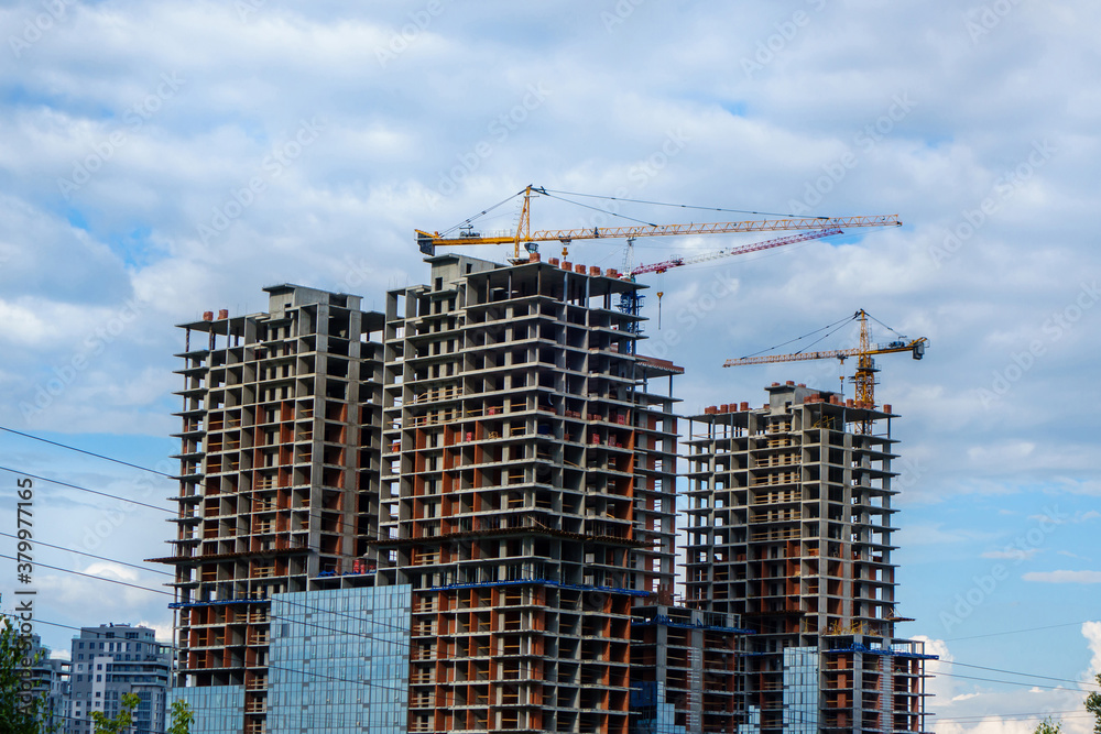 Panoramic view onto construction of new compex of high-rise buildings ...