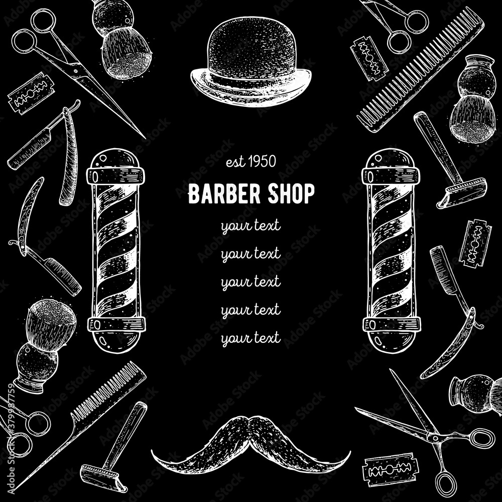 Barber shop hand drawn vector illustration. Engraving label for ...