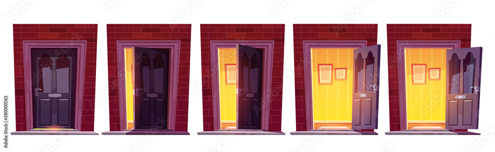 Opening wooden front door in brick wall isolated on white background ...