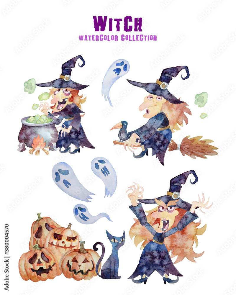 Witch 3 actions Halloween collection watercolor painting. Making potion ...