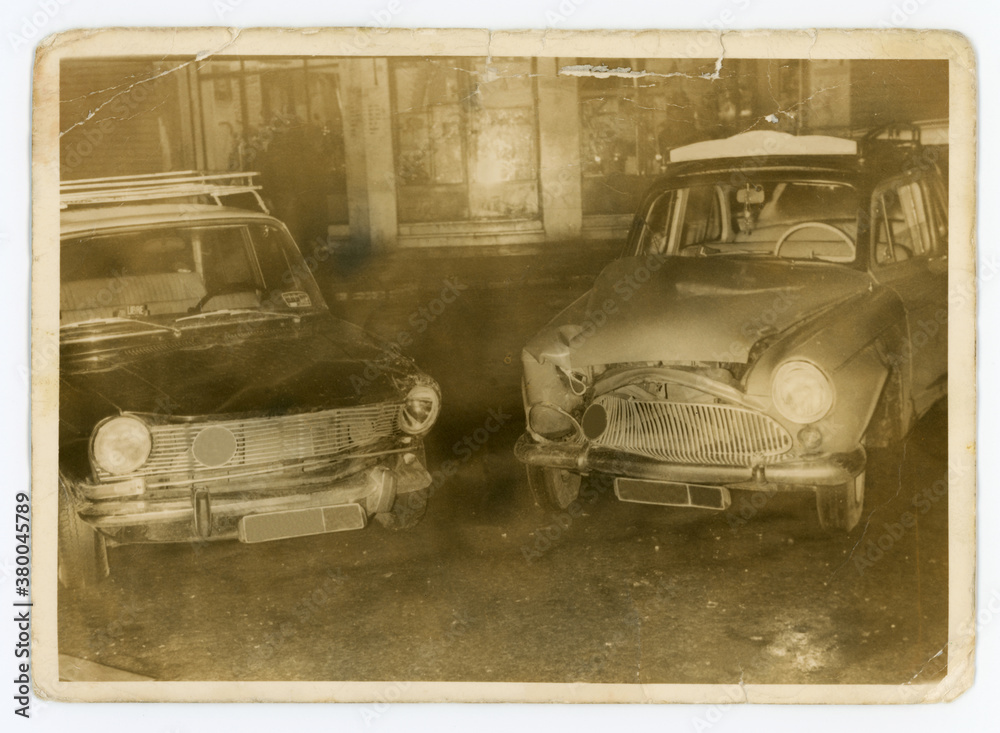 Old photo of two cars that have crashed into each other. Stock Photo ...