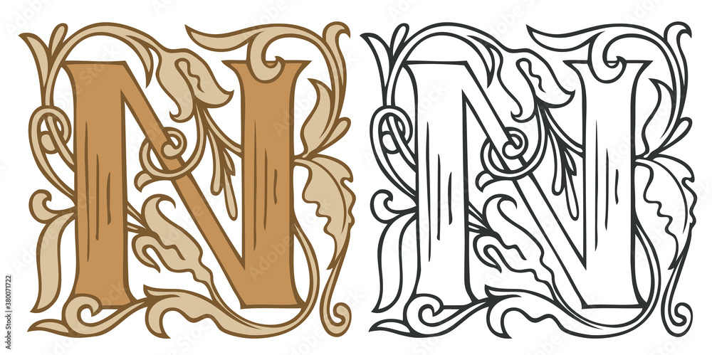 Initial letter N with vintage Baroque decorations. Two vector uppercase ...