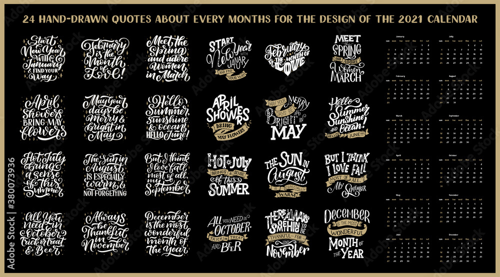 Modern typography lettering compositions for 2021 year calendar with ...