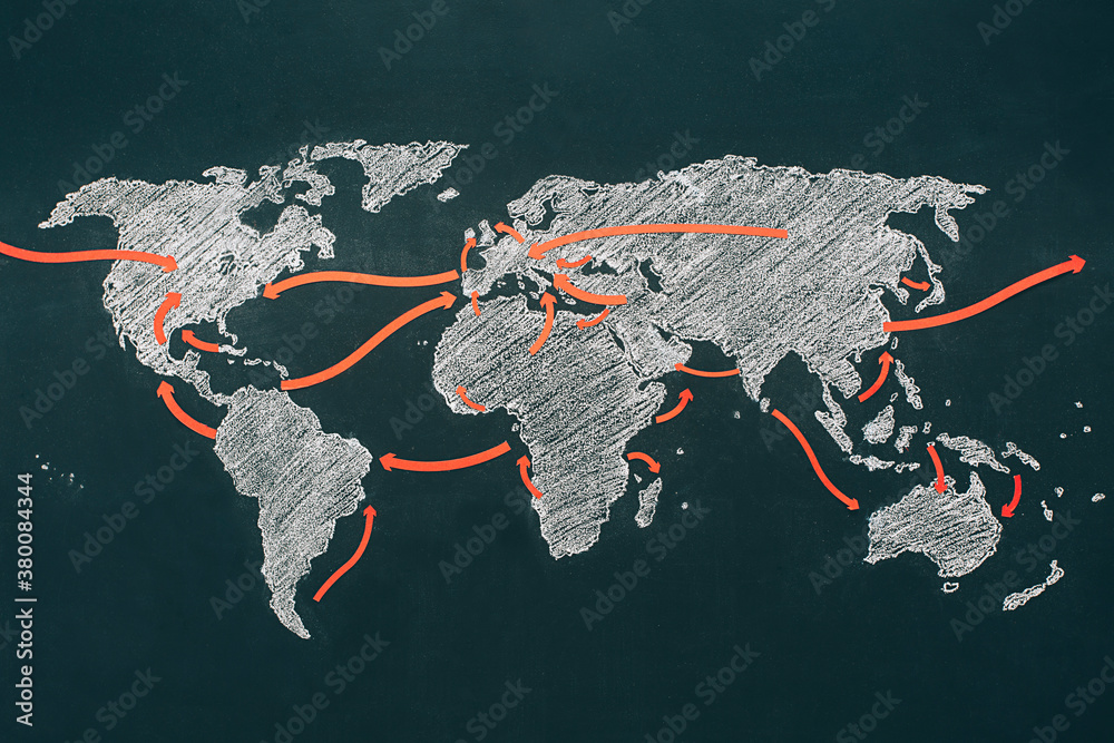 World Map with arrows. Global migration. foto de Stock | Adobe Stock