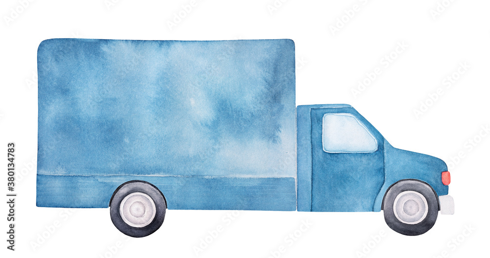 Watercolor drawing of navy blue delivery truck with black wheels and ...