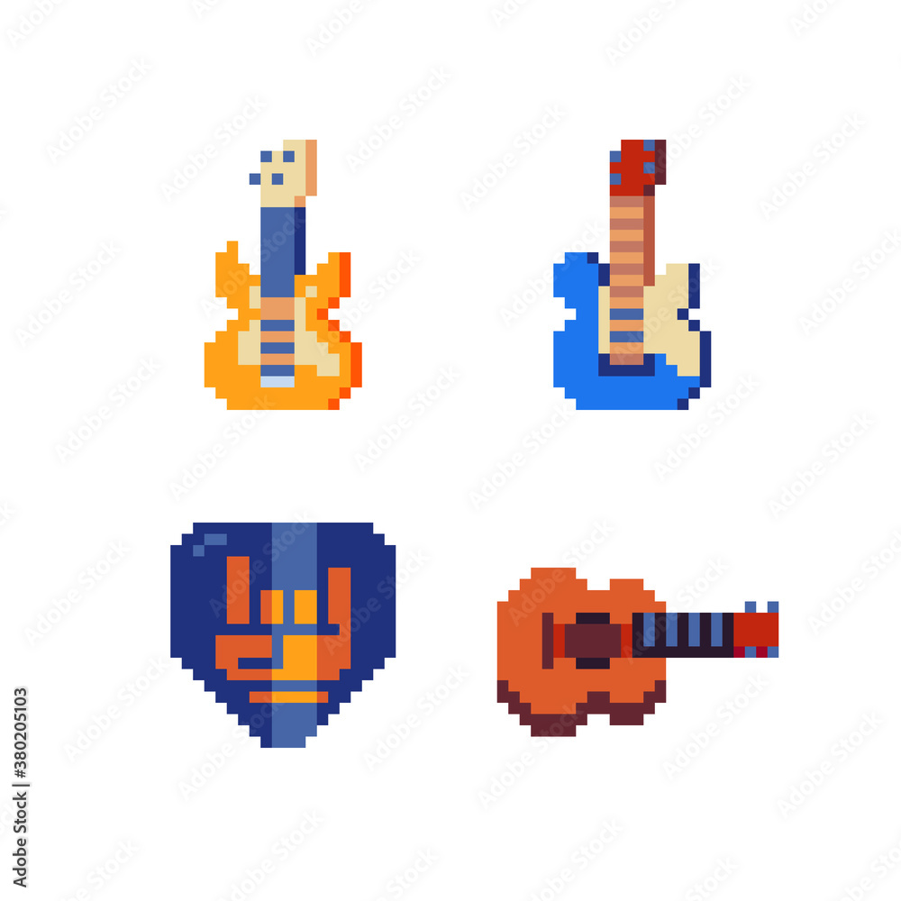 Guitar musical instrument pixel art icons set. Isolated vector ...
