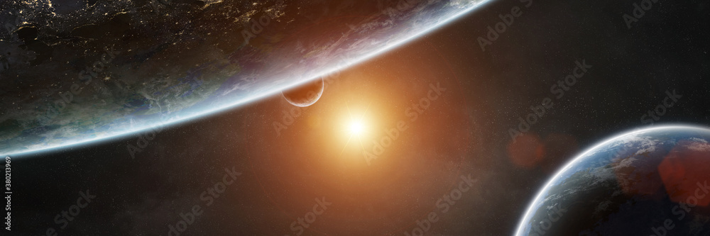 Panoramic space planets background. Panorama of distant solar system ...
