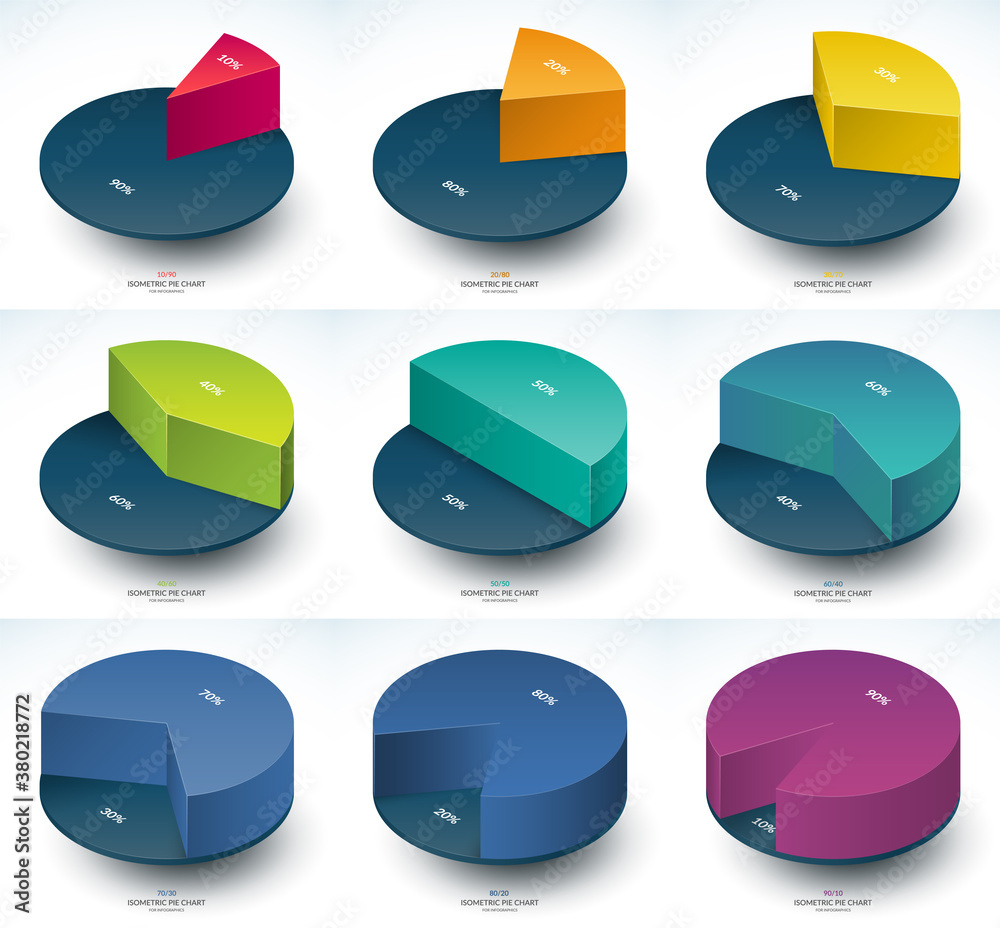 Set of infographic isometric pie chart templates. Share of 10, 20, 30 ...