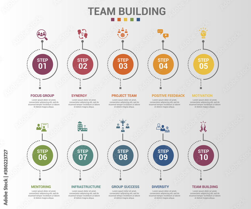 Infographic Team Building template. Icons in different colors. Include ...