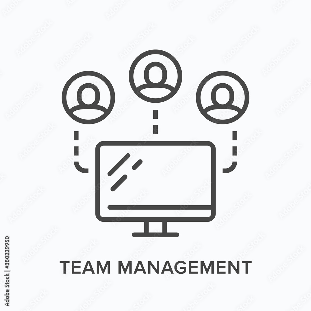 Team work flat line icon. Vector outline illustration of computer ...