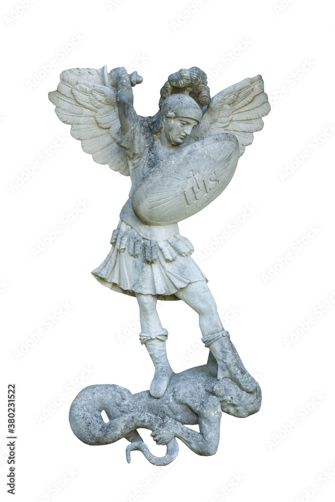 Saint Michael struggles with evil. Fragment of very ancient stone ...