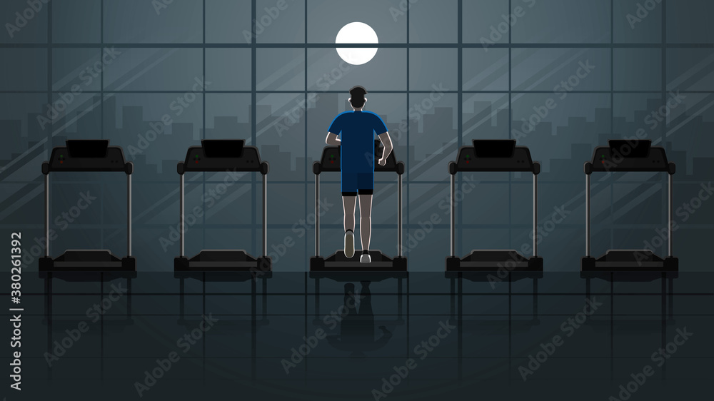 Back view of a man running on treadmill in empty fitness center at ...