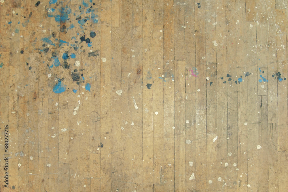 Wooden floor in artist's studio with paint stains Stock Photo | Adobe Stock