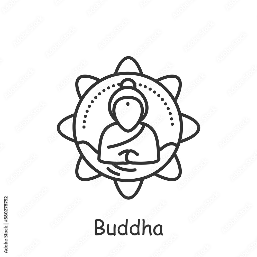 Buddha line icon. Hindu deity. Buddhism symbol. Happy Buddha Purnima ...