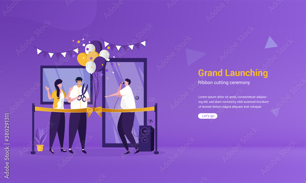 Grand launching ceremony with ribbon cutting illustration concept Stock ...