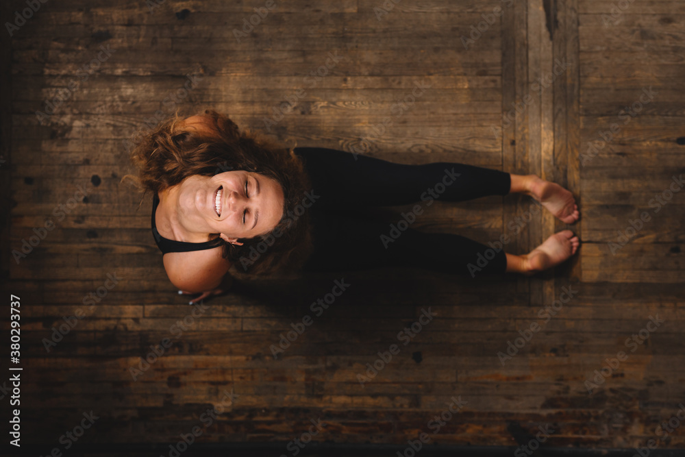 Top view of young smiling women do complex of stretching yoga asanas in ...