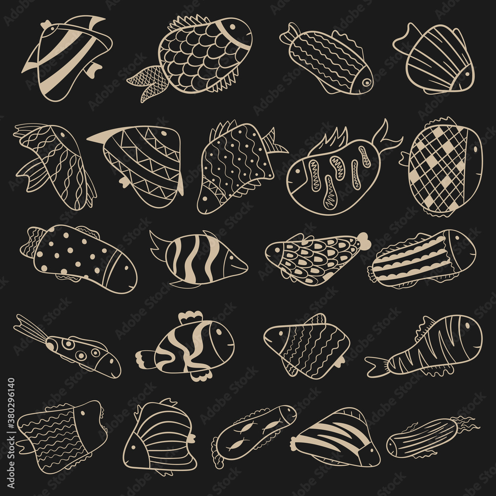 Vector doodle illustration. Cartoon fish of different shapes, with ...