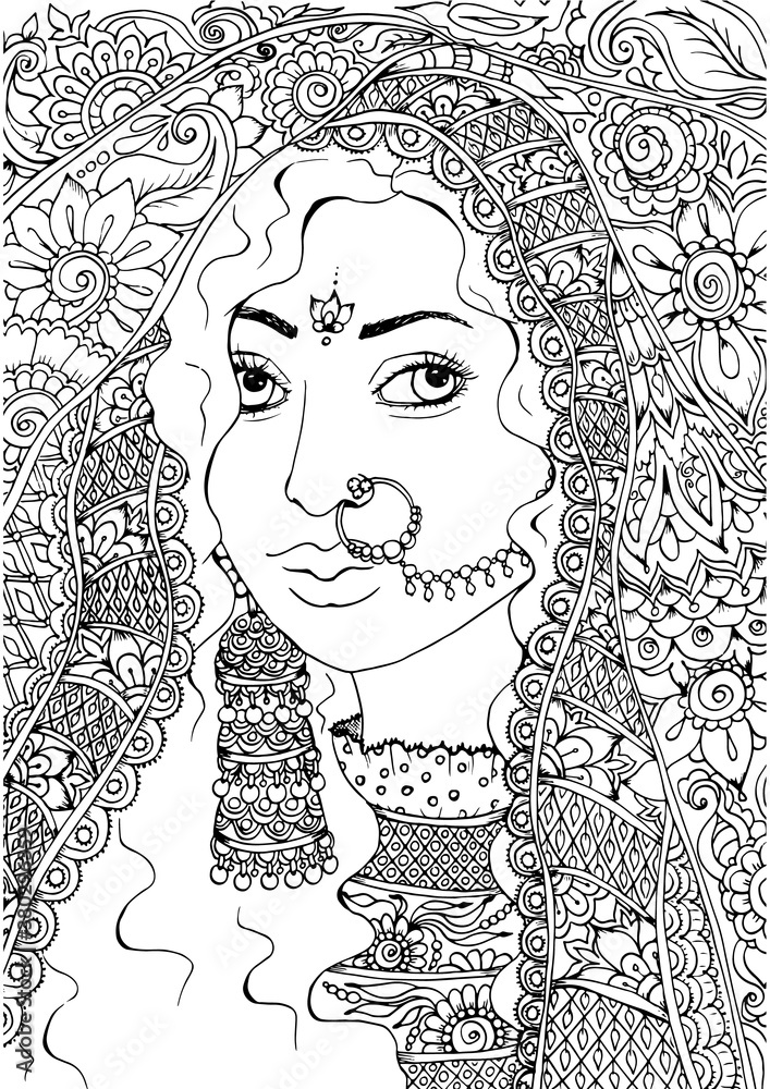 Portrait of Indian woman in saree, ornamental adult coloring book page ...