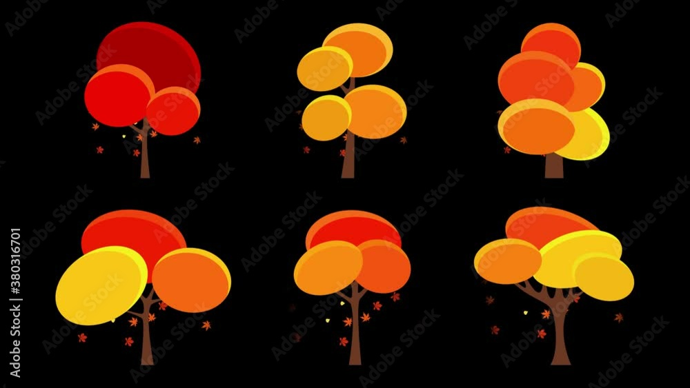 Set of animated different fall plants and trees with falling leaves ...