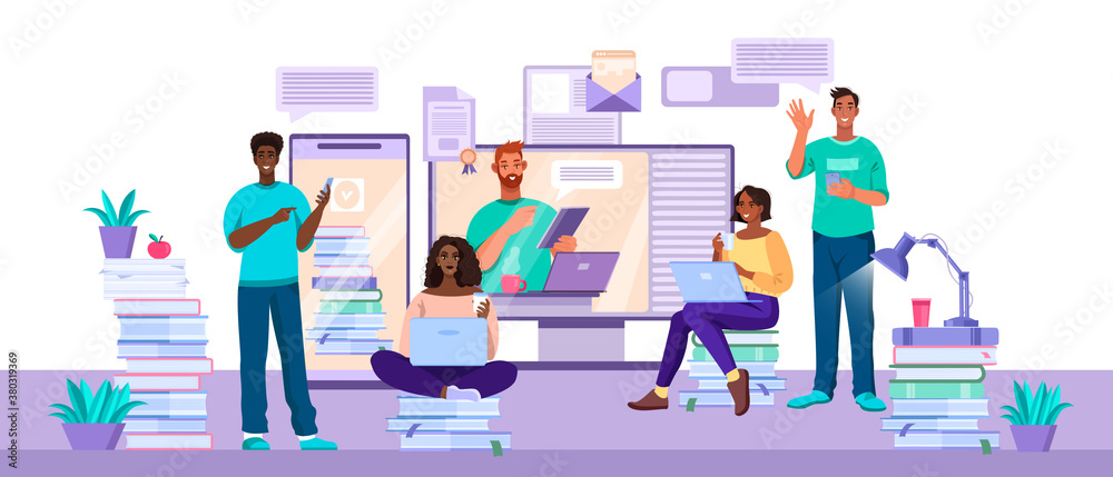 Vector illustration with diverse students working and learning in ...