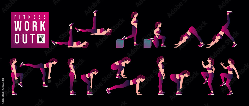 Women Workout Set. women exercise vector set. Women doing fitness and ...