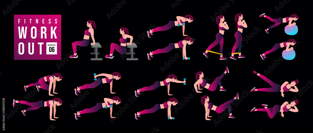 Women Workout Set. women exercise vector set. Women doing fitness and ...