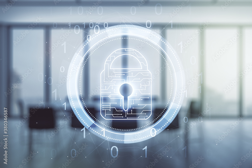 Virtual creative lock sketch with chip hologram on a modern boardroom ...