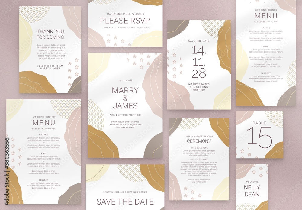 Wedding Invitation Suite Layout with Champagne Colors and Patterns ...