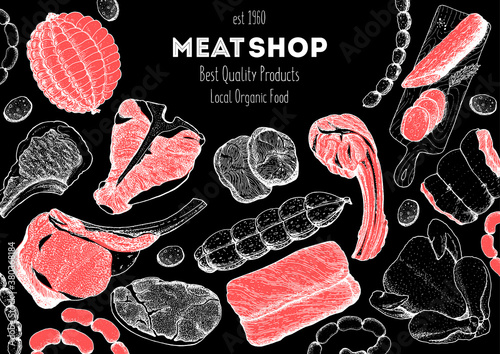 Meat products top view frame. Vector illustration. Engraved design ...